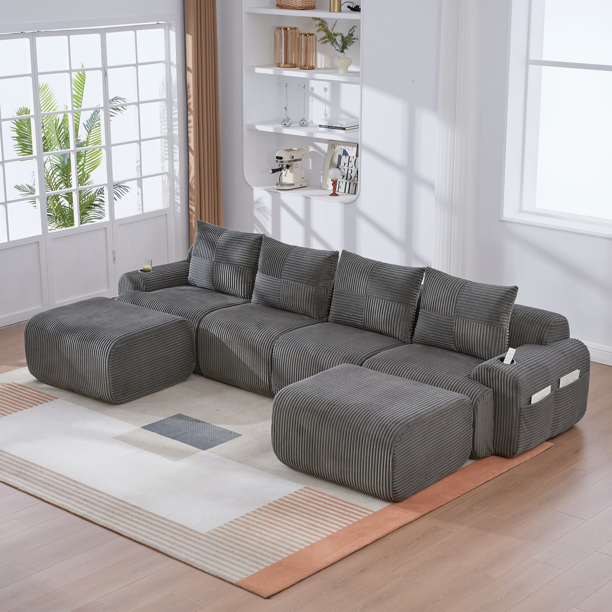 Canapé Modulaire 4 Places Côtelé Gris Foncé 333x174x80 cm, Canape ...