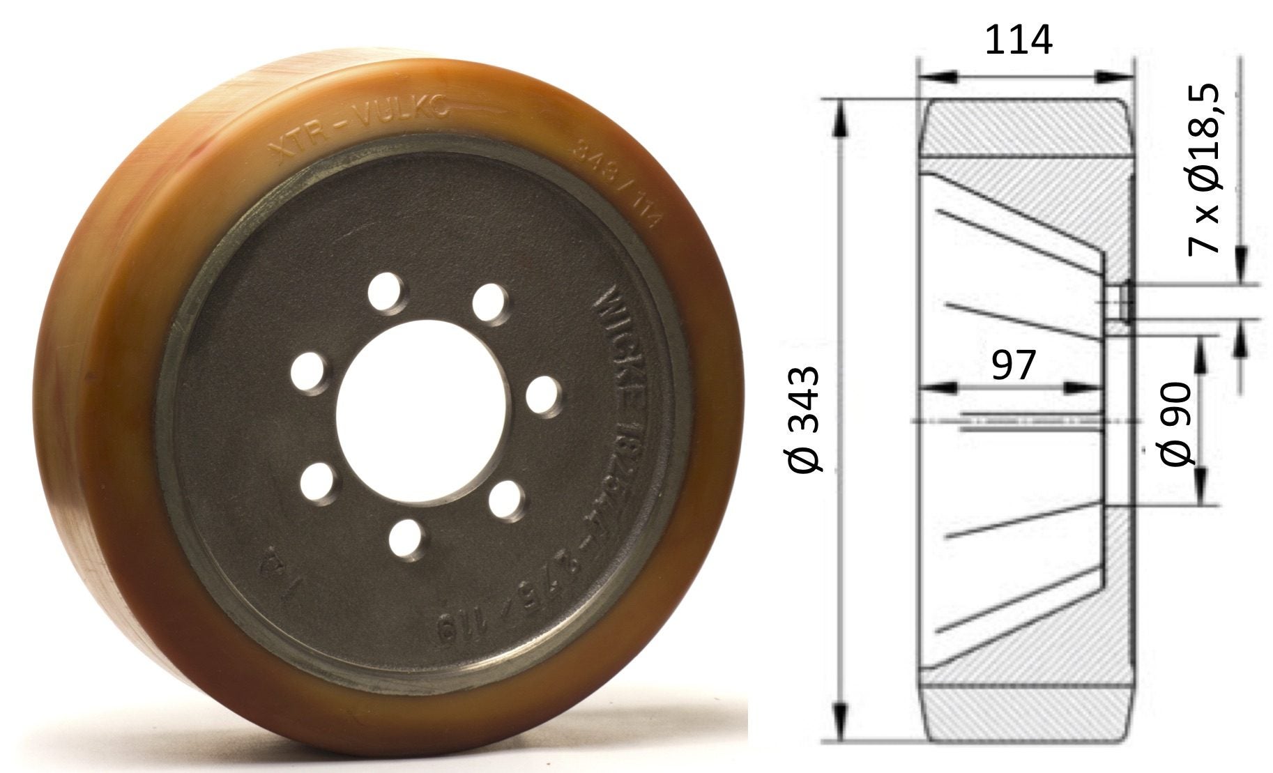 Roue motrice 343 x 114 - 7 trous VULKOLLAN® ( Jungheinrich 50262633 ...