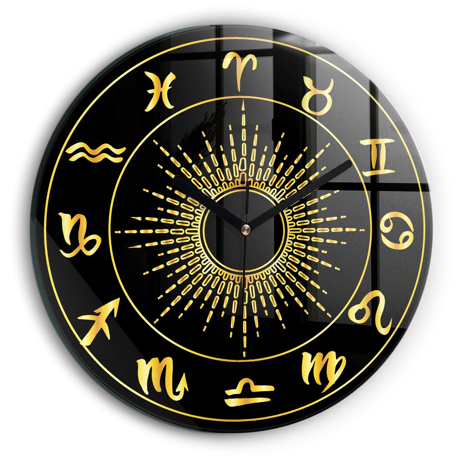 Horloge ronde en verre imprimé | 30x30 | Pointes noires | Signes du ...