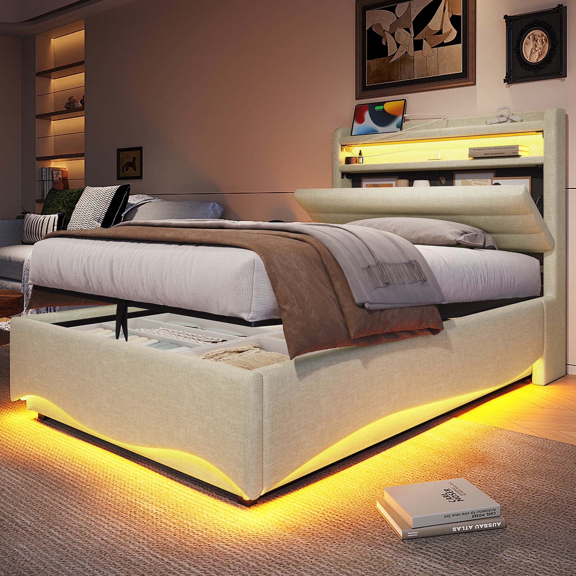Lit capitonné 90 x 200 cm beige LED coffre hydraulique USB Type-C ...