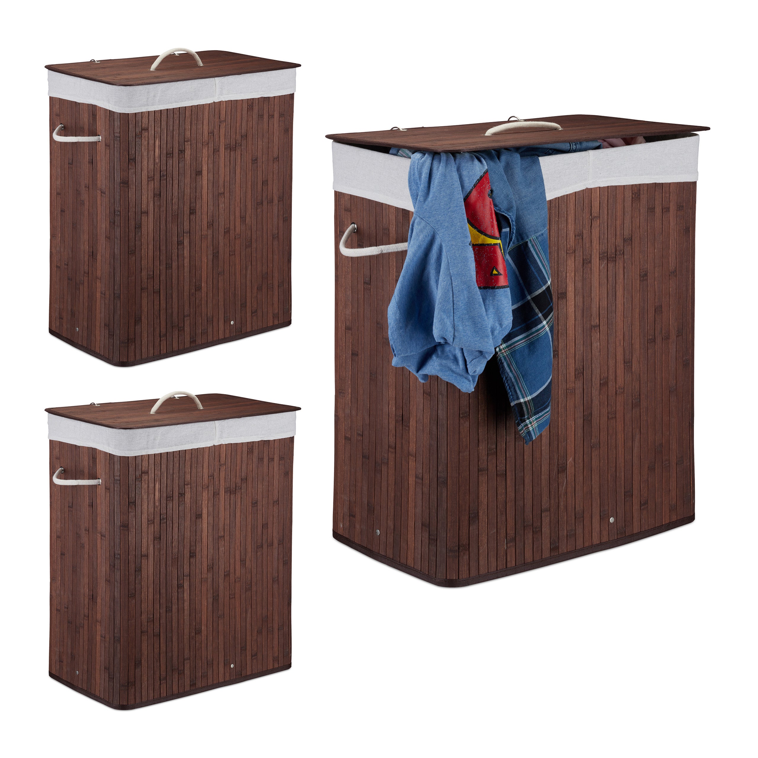 3x Corbeilles à linge bambou, Paniers à linge 2 compartiments, coffres ...