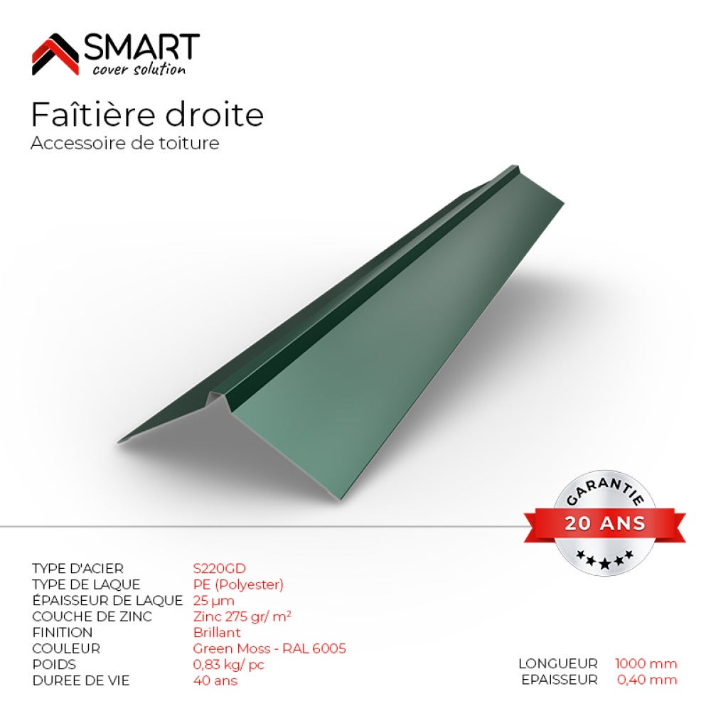 Faîtière droite - bac acier - tôle de couverture - Toiture - H12 Vert ...