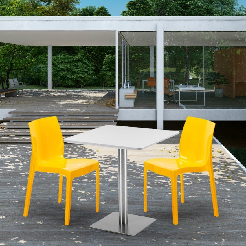 Table carrée blanche 70x70 avec pied en acier et 2 chaises colorées Ice ...