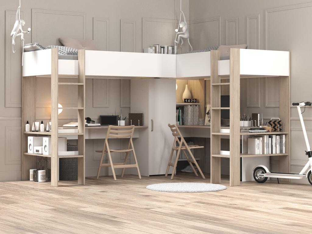 Double lit mezzanine d'angle 2 x 90 x 200 cm - Avec rangements et ...