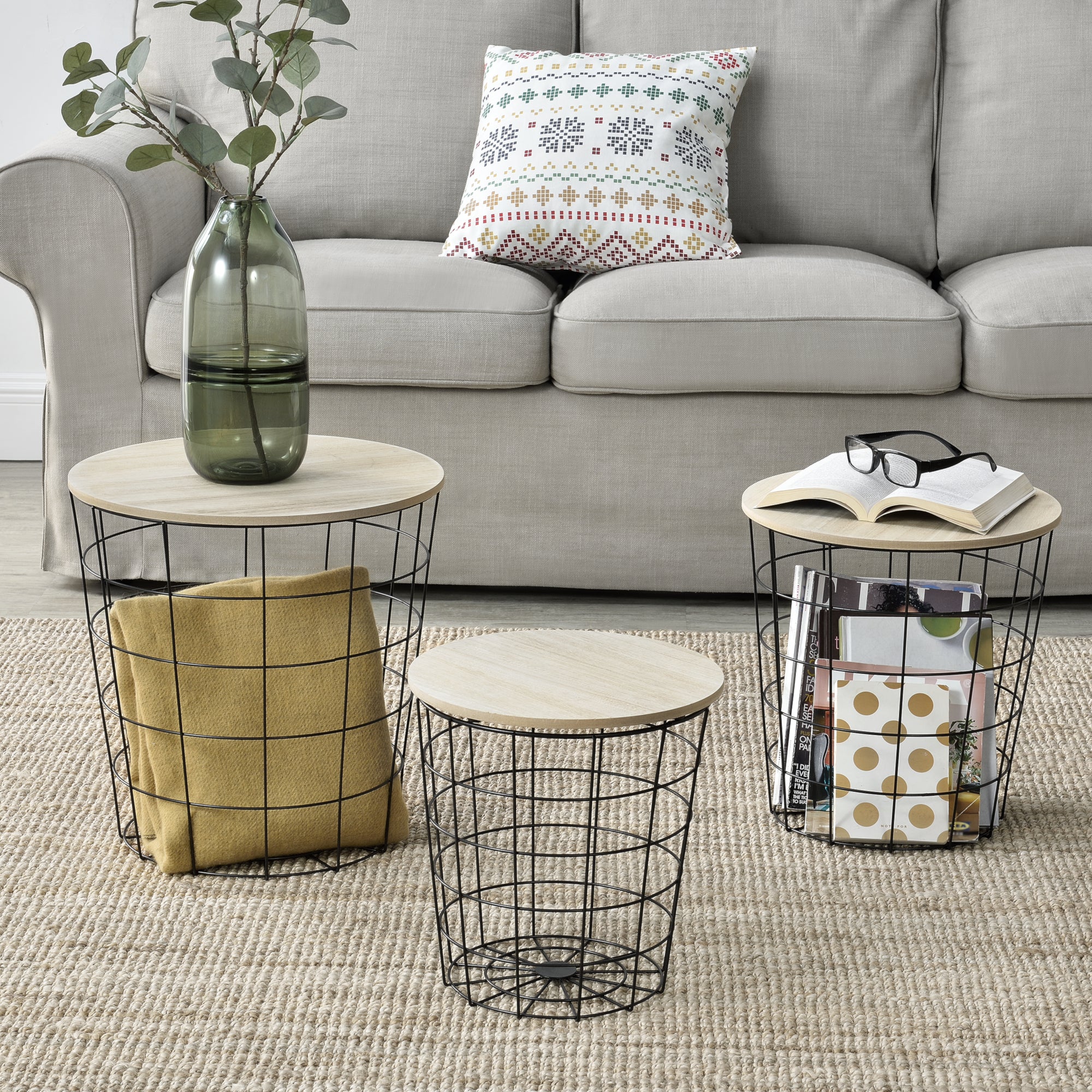 Lot de 3 Tables Basses Curno Paniers Tailles Différentes Noir Effet ...