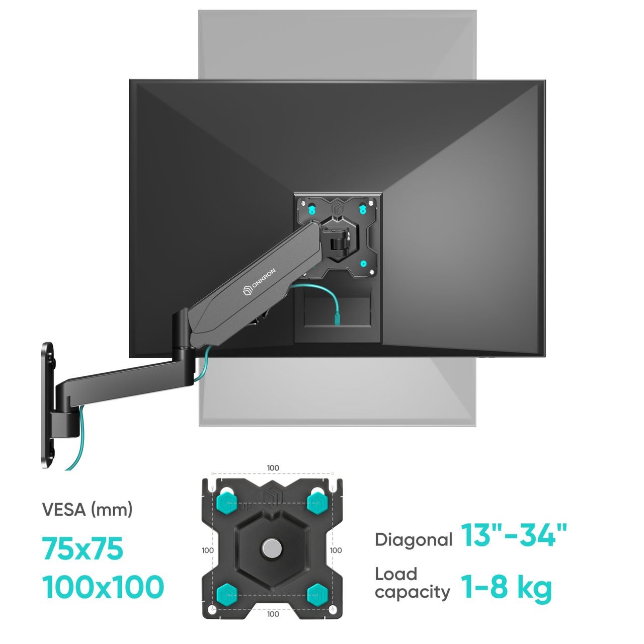 ONKRON Support Mural Ecran PC 13-34", TV jusqu'à 8 kg - Bras Articulé ...