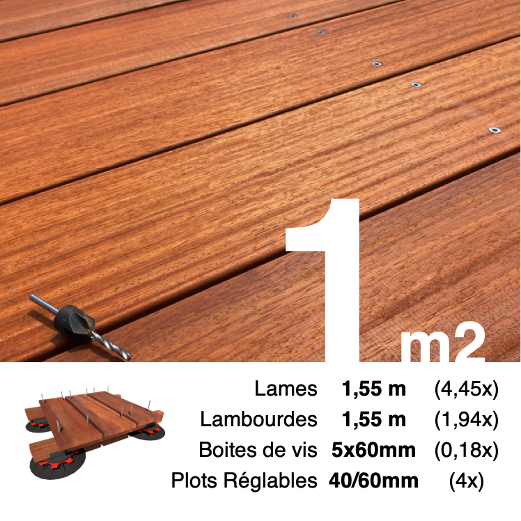 Kit complet terrasse bois exotique PADOUK pour 1 m² • Lames 1,55 m ...
