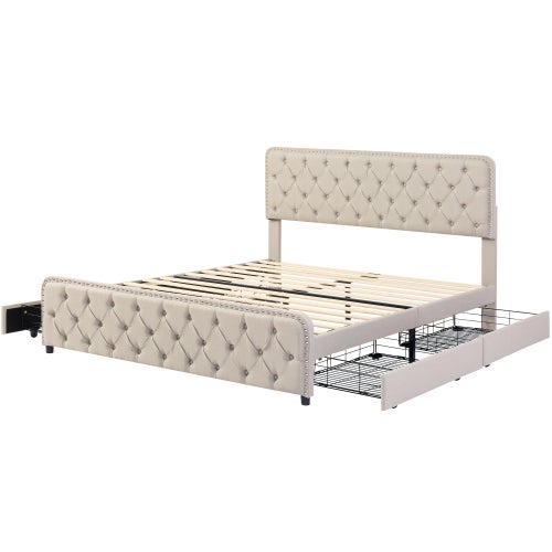Letto imbottito in lino beige con quattro cassetti, testata regolabile ...