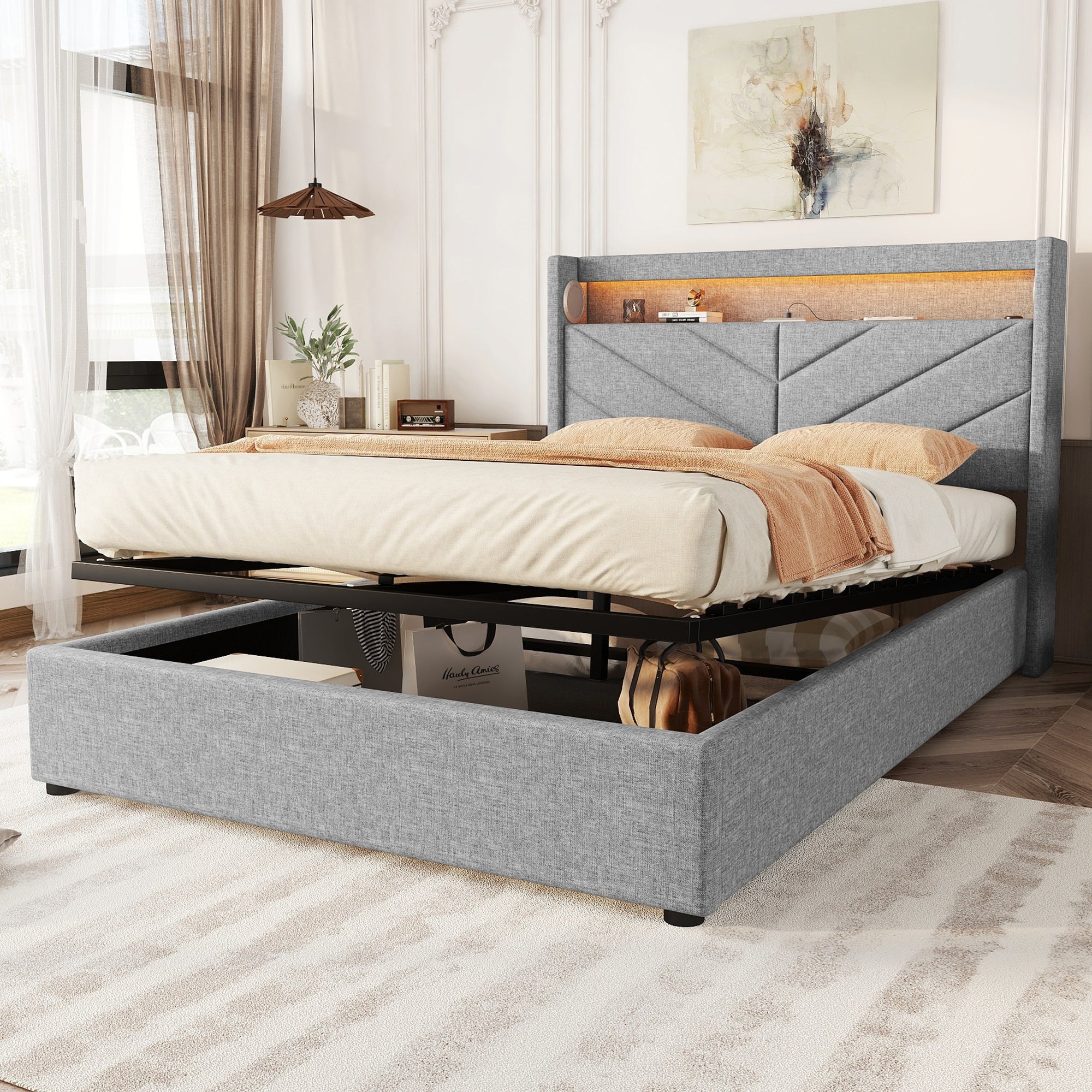 Lit coffre 140 x 190 cm avec tête de lit - LEDs et prise USB - Tissu en ...