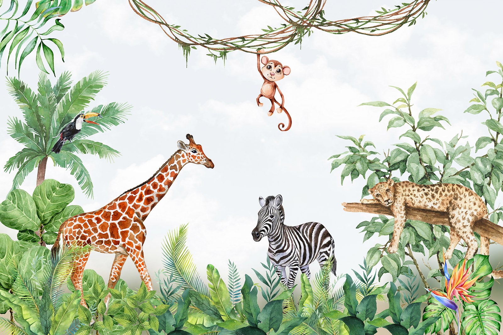 Papier peint panoramique Enfants - Animaux de la Jungle - Largeur 195 ...