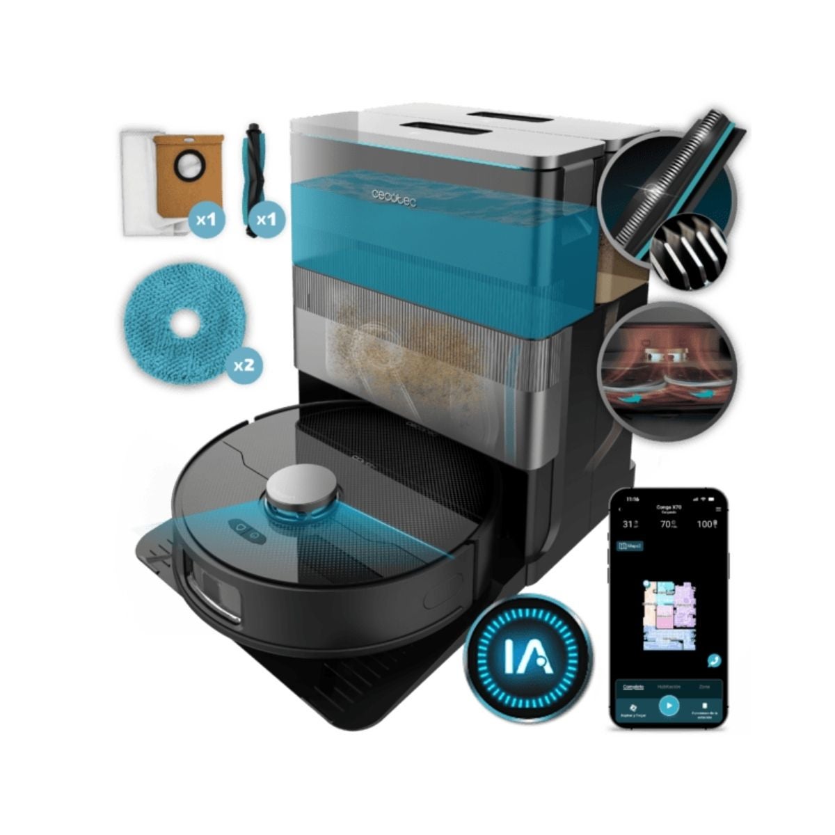 Aspirateur Robot laveur - CECOTEC - Conga X100 - 20 000 Pa - Noir ...