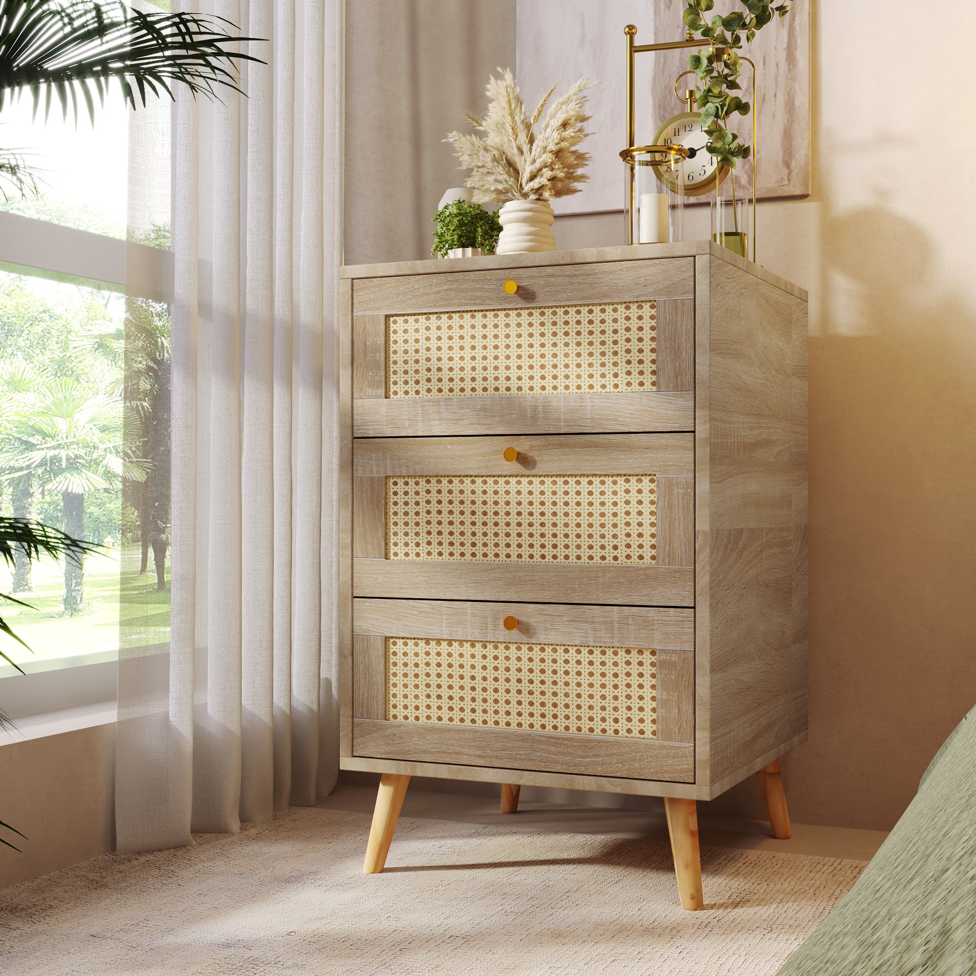 Commode avec 3 tiroirs, Bois massif + rotin osier + panneaux de ...