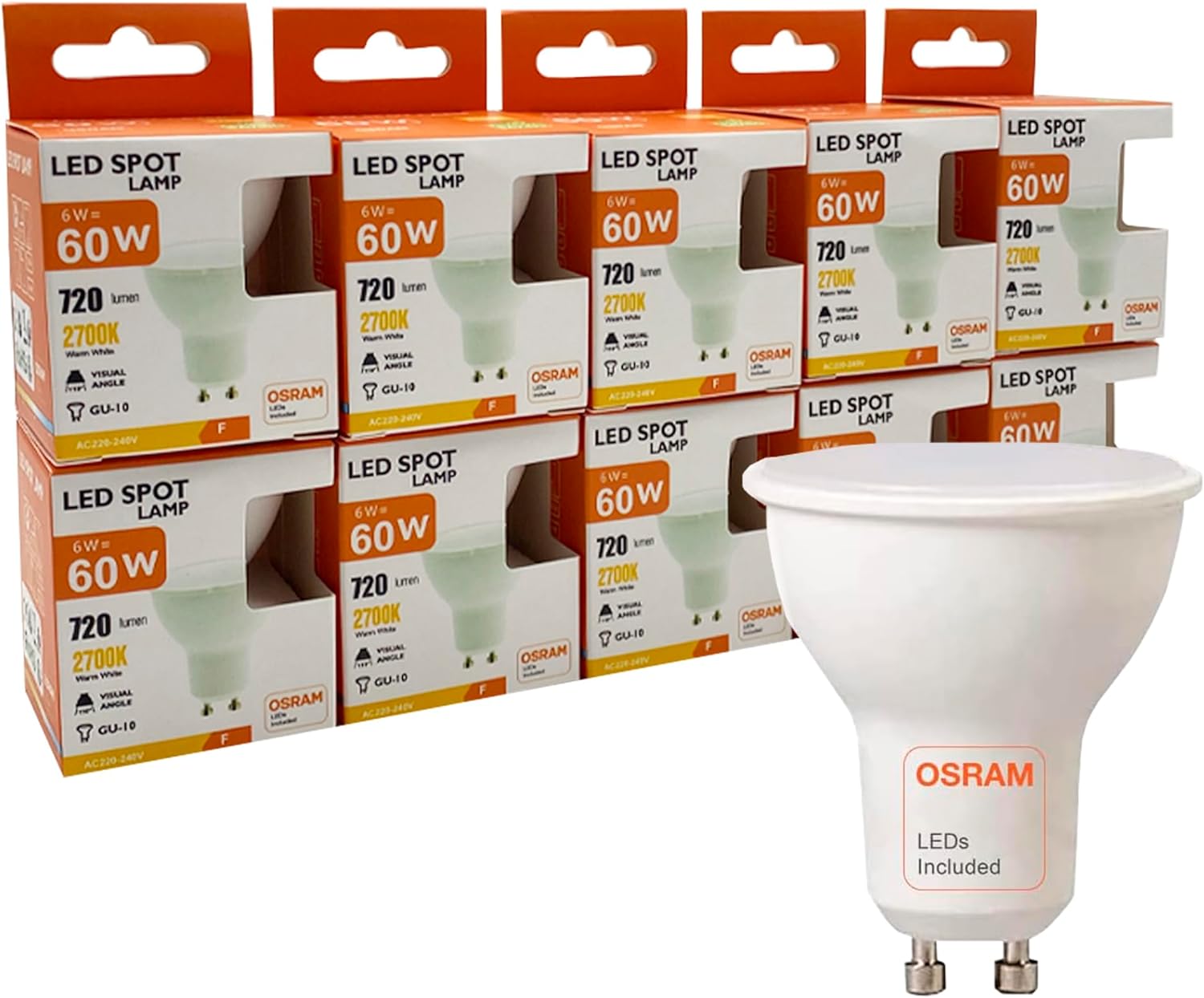 Pack 10 Bombillas LED GU10 6W 720Lm Osram Chip, 220V, ángulo apertura 110º, Luz Cálida 2700K ...