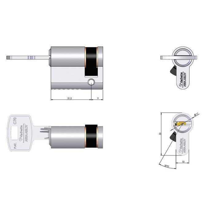 Demi-cylindre 5101 velix 30x10 vachette + 5 clés réversible varié ...