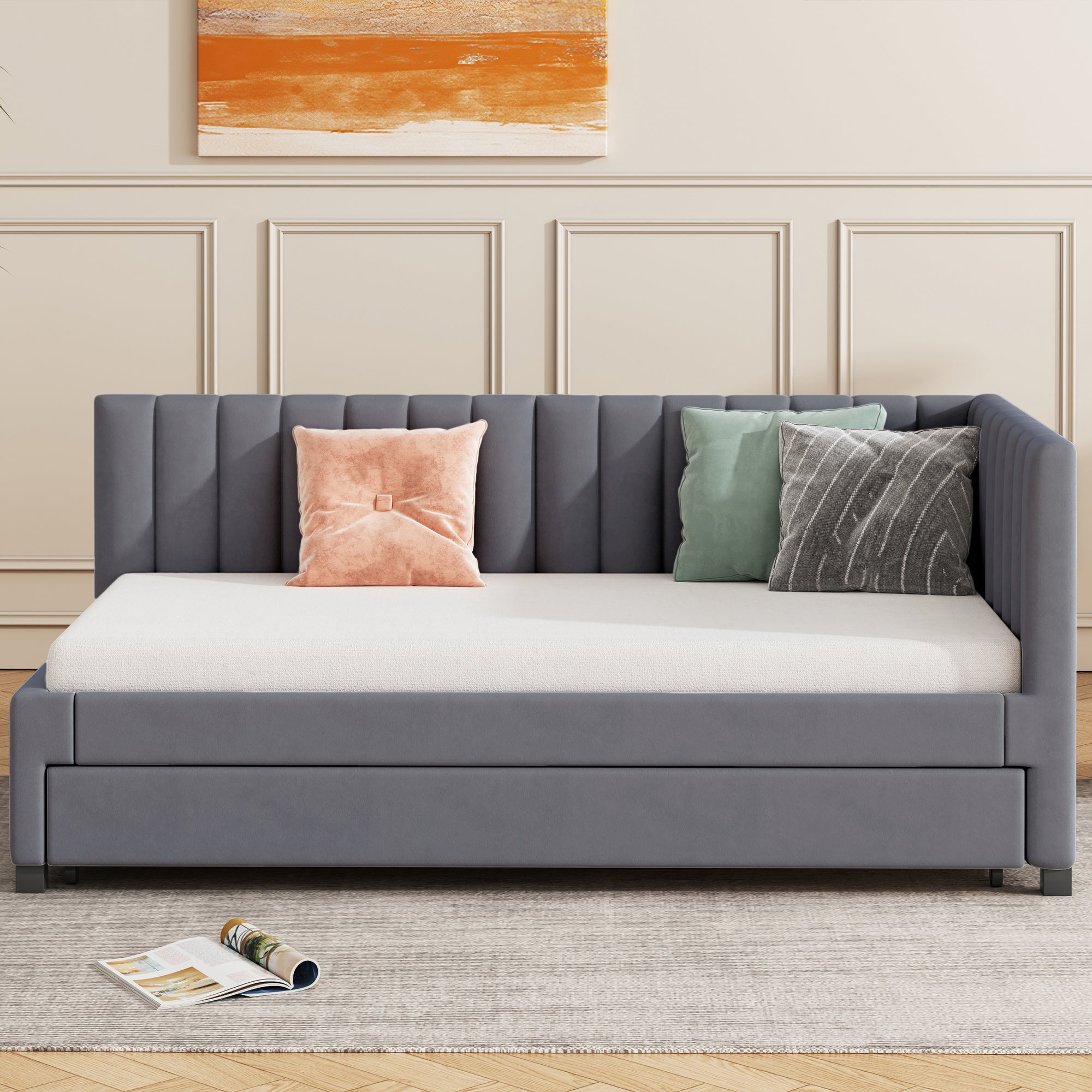 Lit simple 90x200 cm avec un lit gigogne - rembourré en velours avec ...