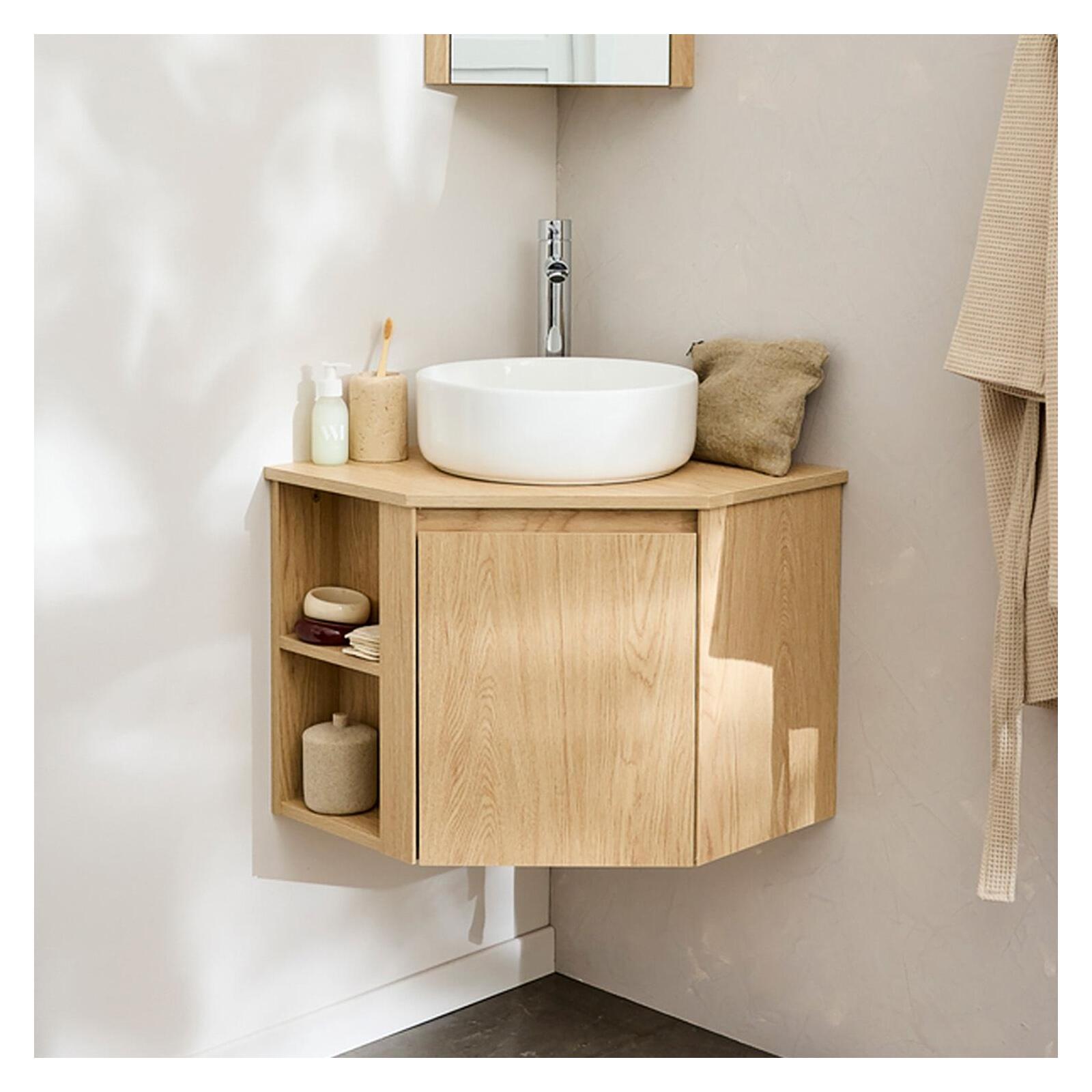 Ensemble meuble sous vasque d'angle avec vasque blanche et robinet ...