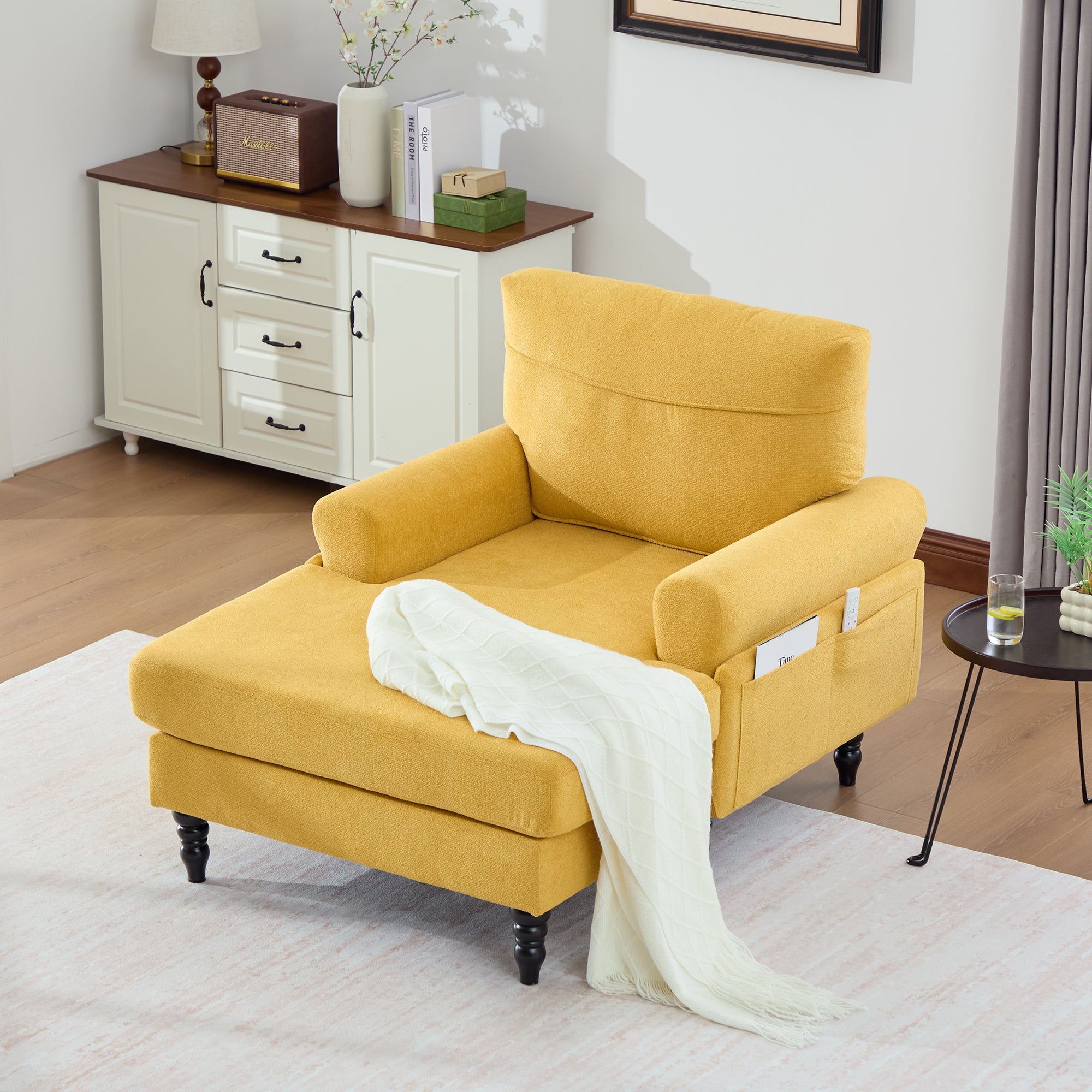 Fauteuil relax 1 place en chenille jaune moutarde, assise extra large ...