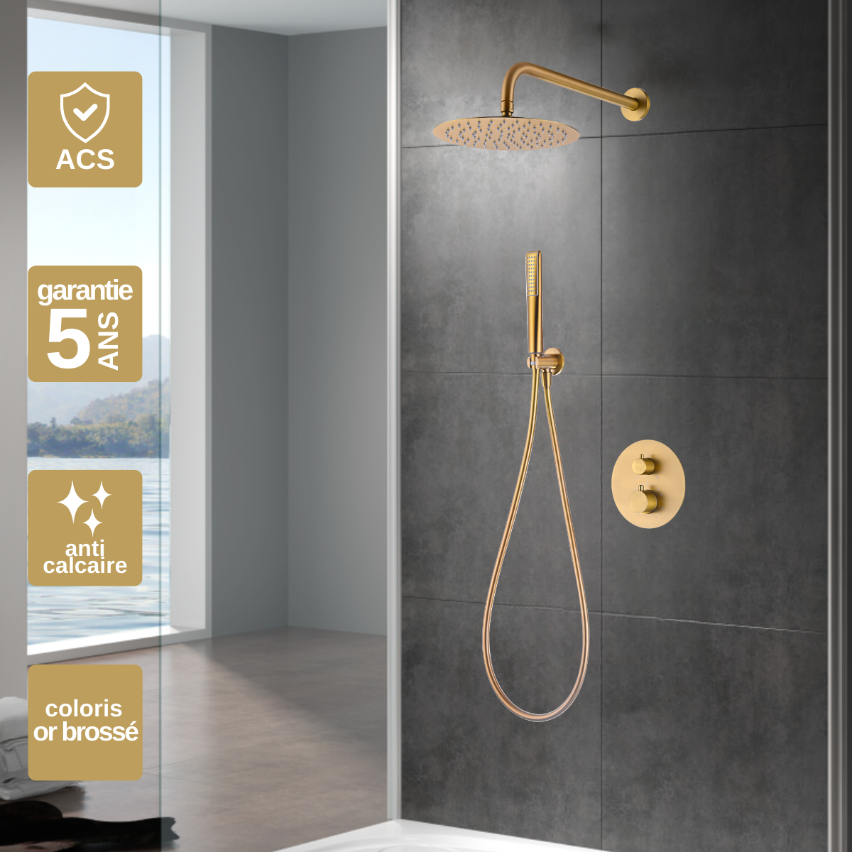 Colonne de Douche Encastrée avec Mitigeur Thermostatique or brossé anti ...