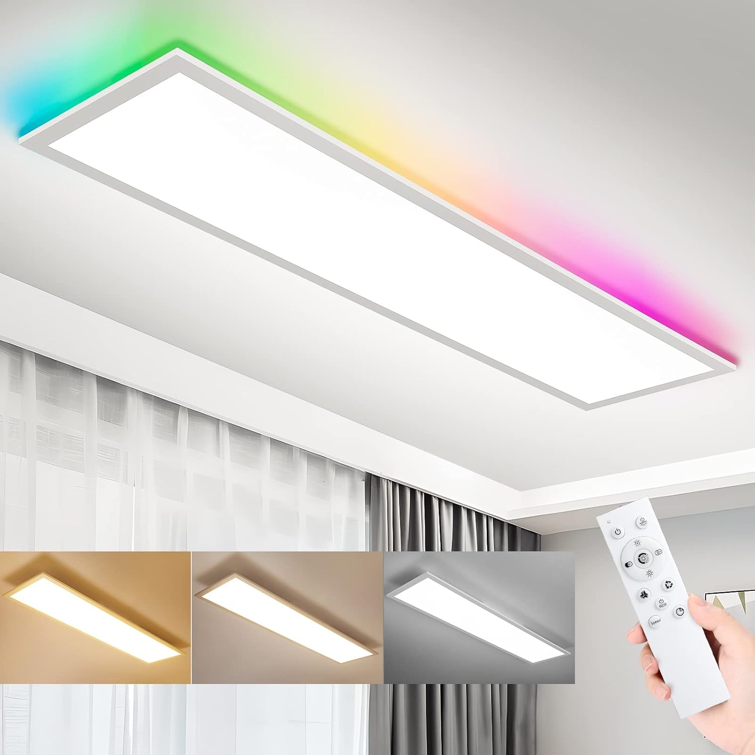 LED Panel de luz de techo regulable 100x25cm con Backlight RGB, 30W ...