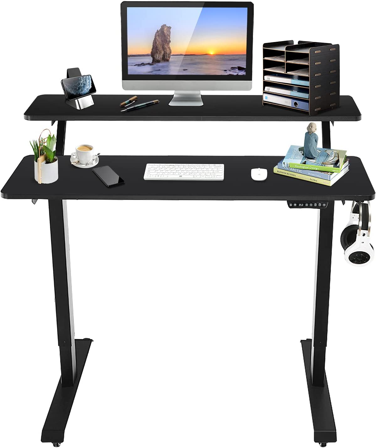 Bureau assis-debout électrique avec 2 plateaux de 120 x 70 cm, réglable ...