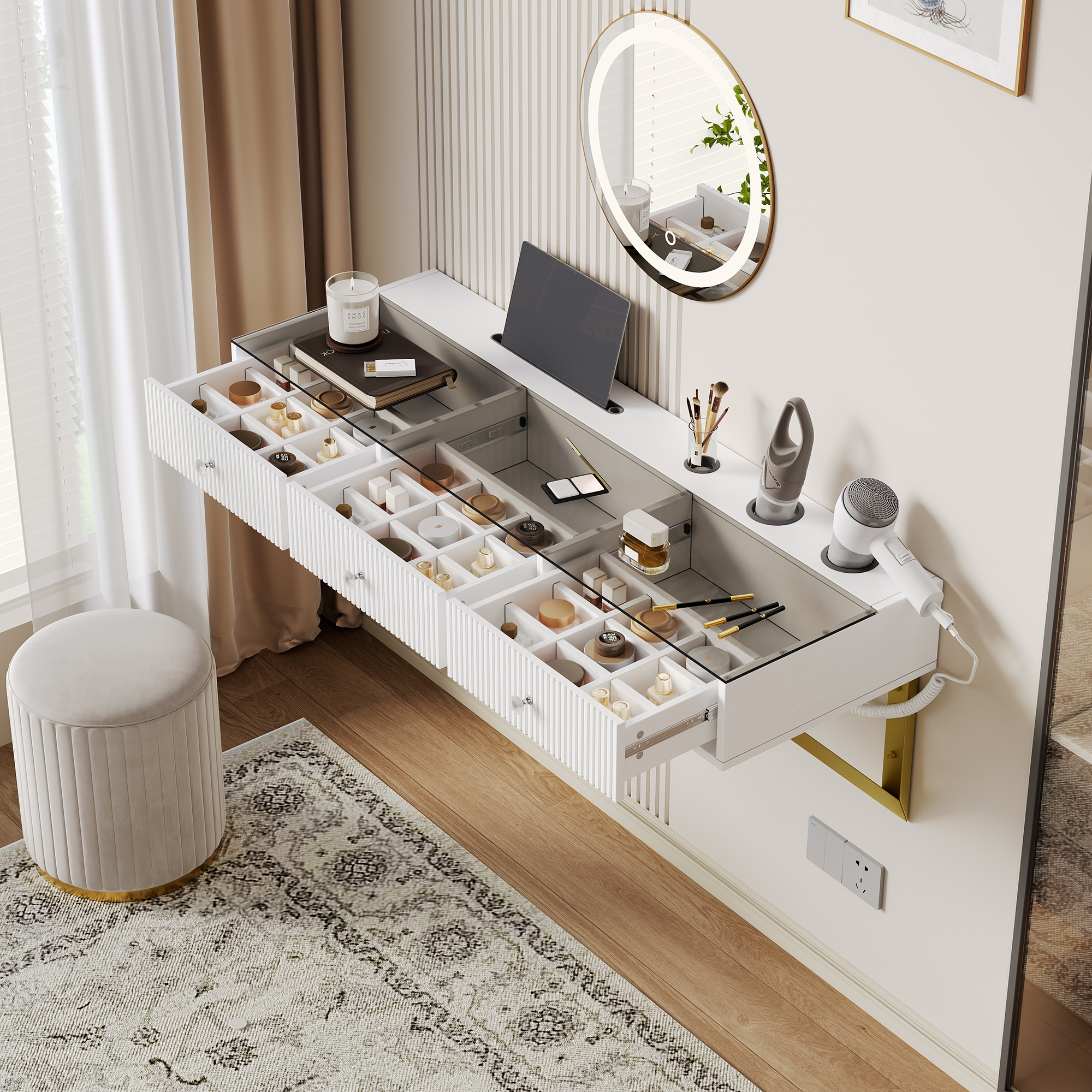 Mobile da toeletta a parete con specchio LED e 3 cassetti - MDF ...