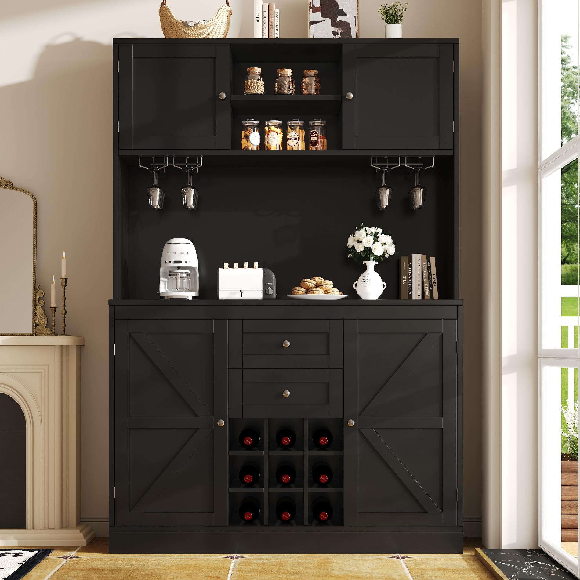 Buffet da Cucina con Ripiani Modulabili, Nero, Porta-Bottiglie e ...