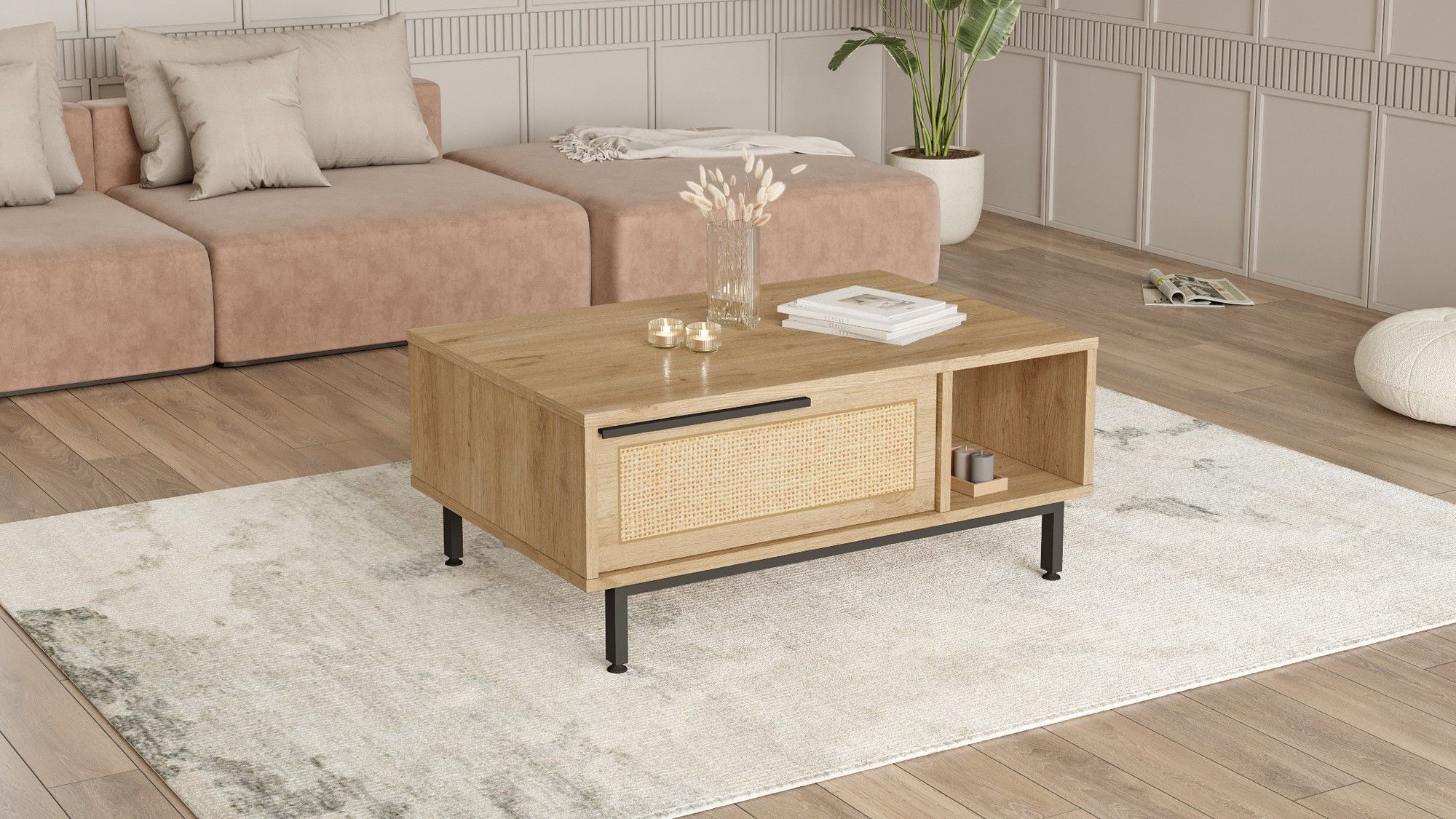 Table basse avec rangement Evelis L90cm Bois et Rotin clair | Leroy Merlin