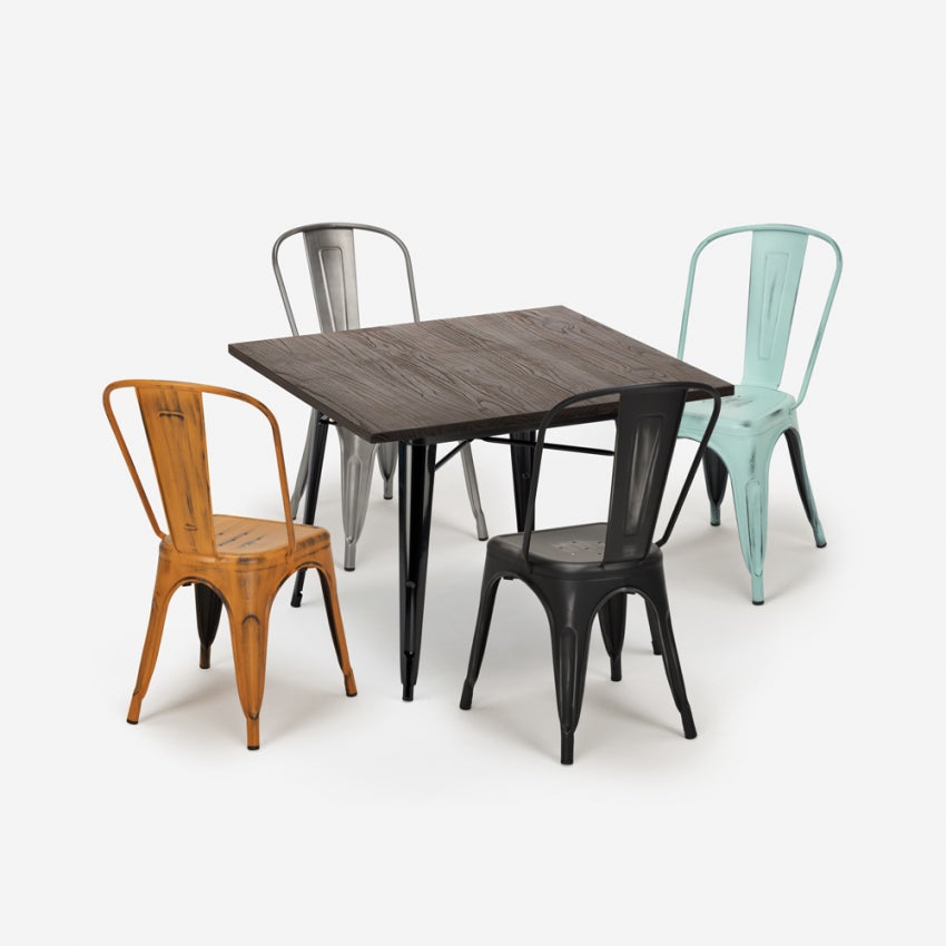 Ensemble 4 chaises de style effet vintage et 1 table 80x80cm bois métal ...