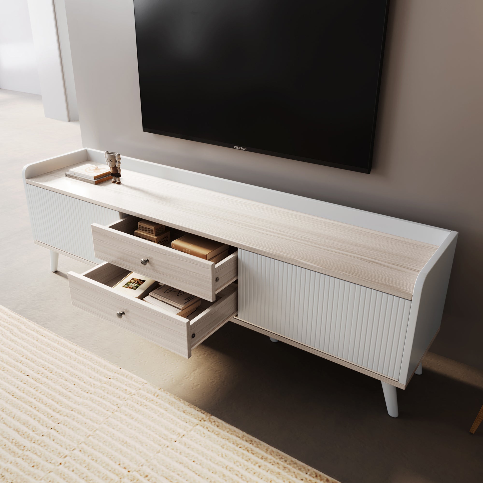 Meuble TV bas à poser 160x58x40 cm avec 2 tiroirs, 2 portes ...