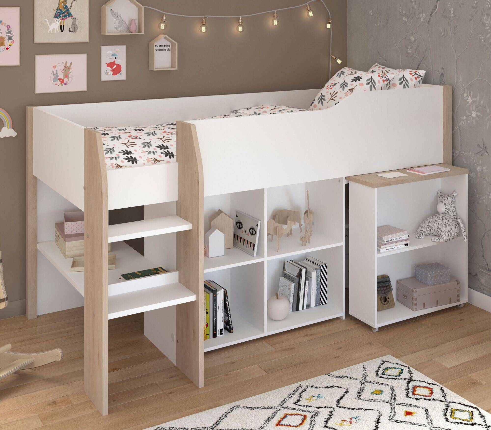 Cama combinada infantil con escritorio retráctil Blanco y roble Somier ...