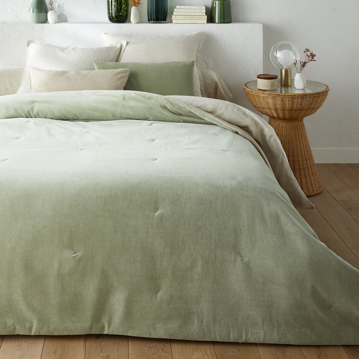 Couvre lit boutis matelassé velours coton, Velvet - Vert thé - 180 x ...
