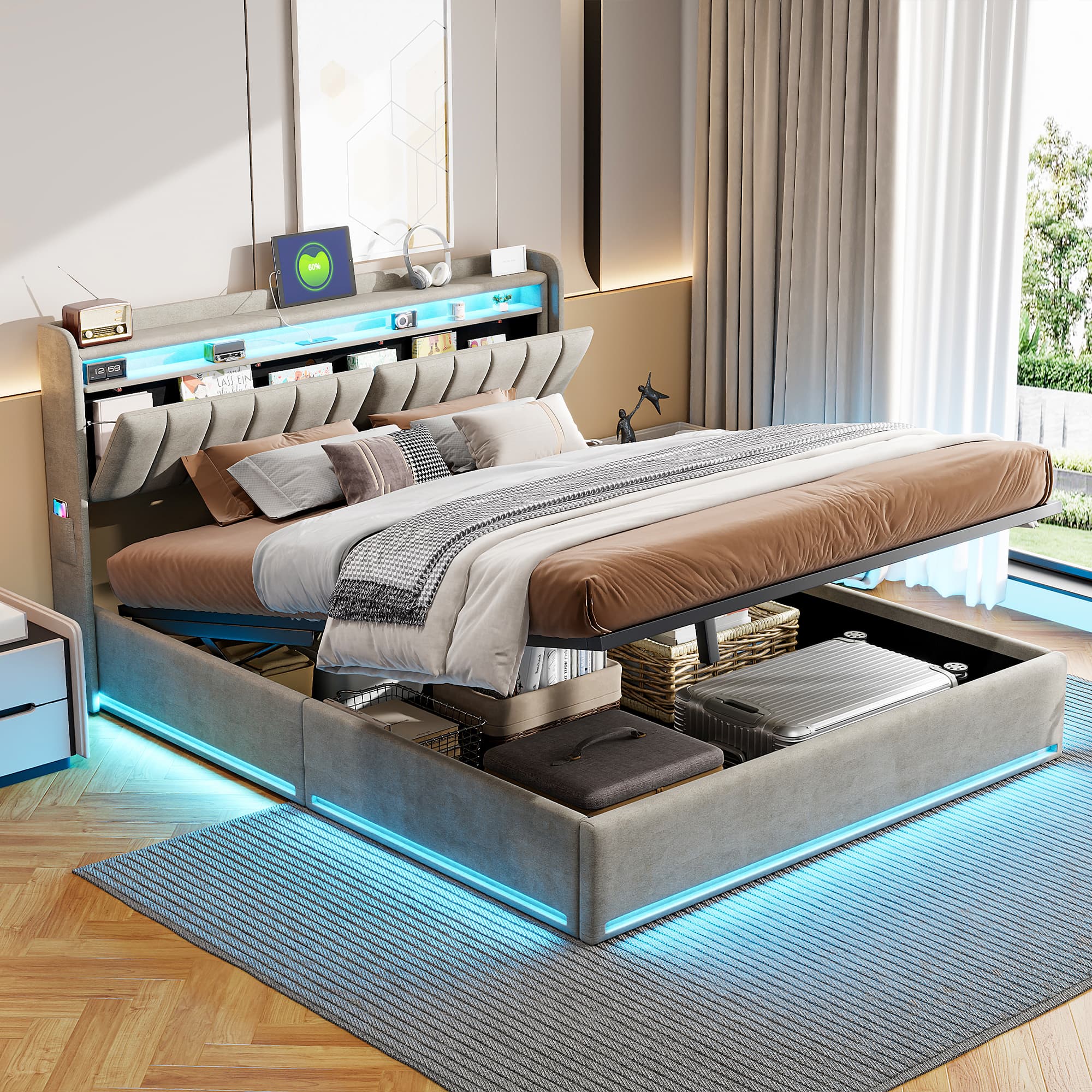 Cadre de lit double avec tête de lit 1 port USB et 1 port Type-C, tête ...