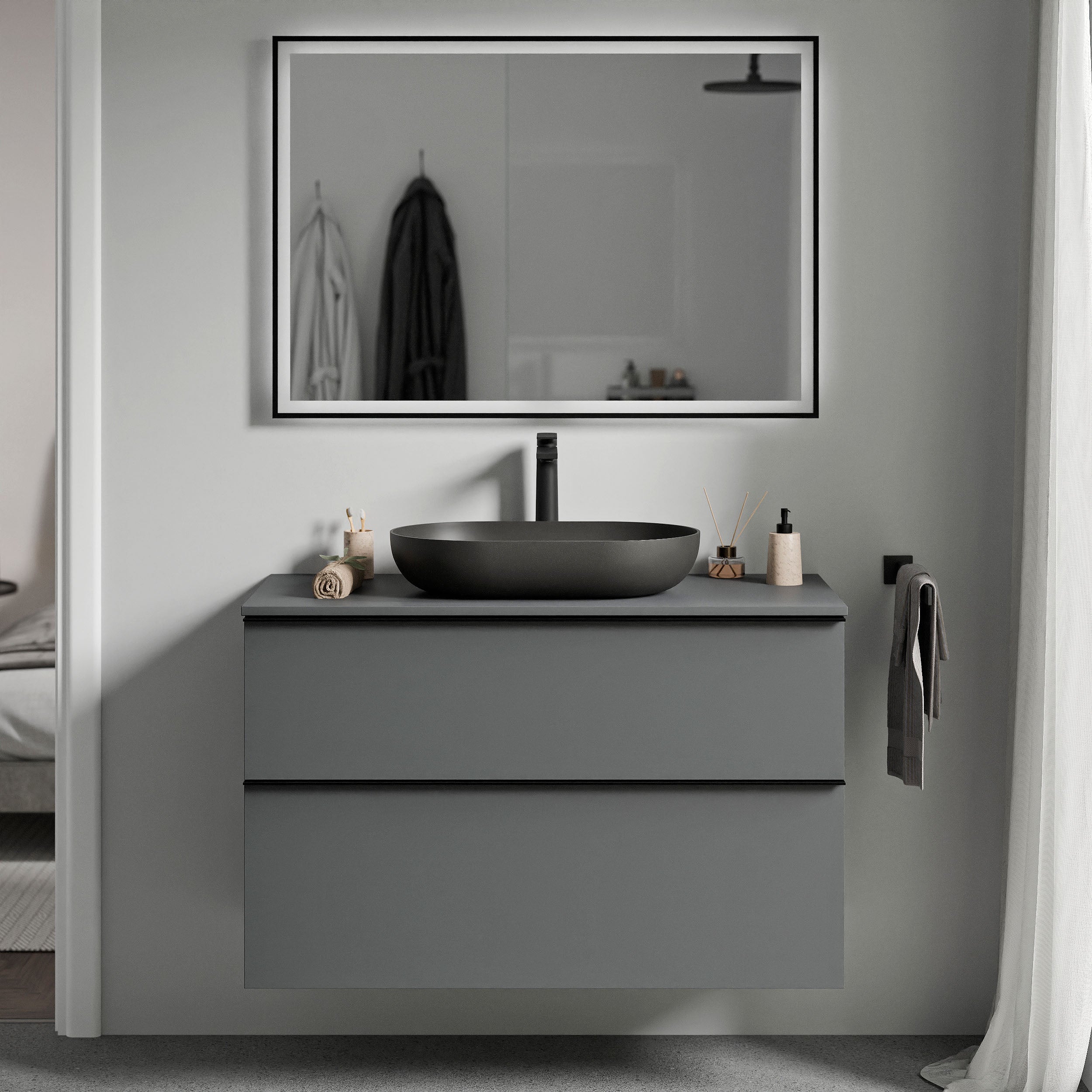 BERNSTEIN - Meuble sous vasque suspendu MDF Anthracite mat, plan vasque ...