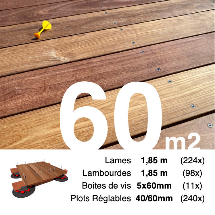 Kit complet terrasse bois exotique CUMARU pour 60 m² • Lames 1,85 m ...