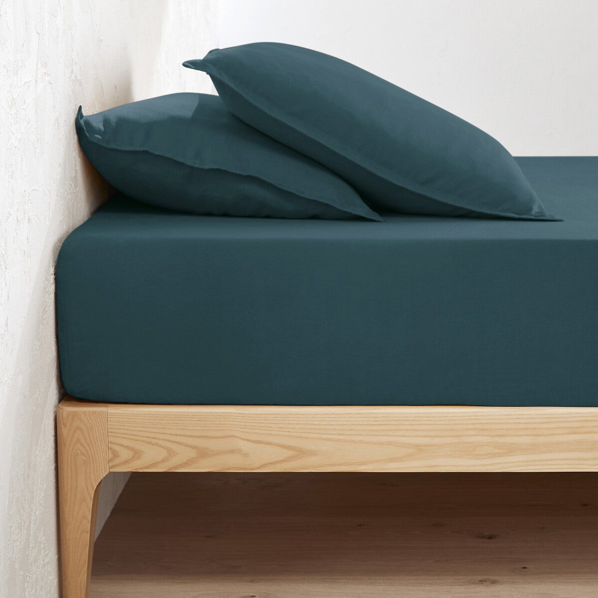 Drap housse lin lavé, bonnet 35 cm, Linot - Bleu pétrole - 140 x 200 cm ...