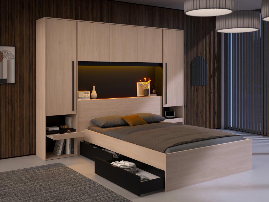 Lit pont 140 x 190 cm avec rangements - Avec LEDs - Coloris : Naturel ... Lit pont 140 x 190 cm avec rangements - Avec LEDs - Coloris : Naturel ...