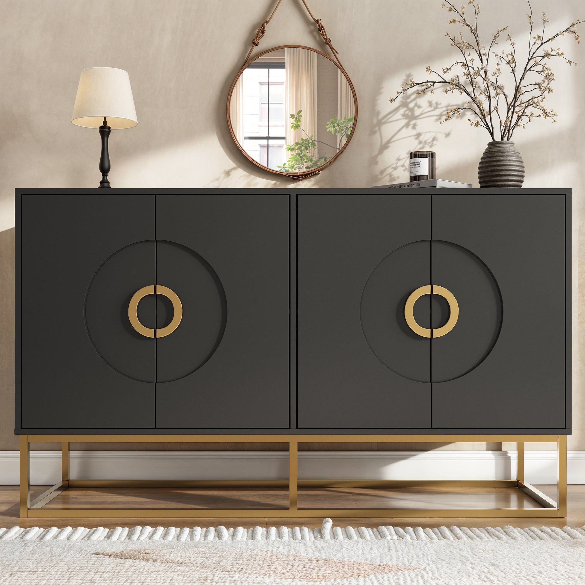 Buffet moderne 140x38.5x82.5cm - 4 portes - Anneau de traction rond ...