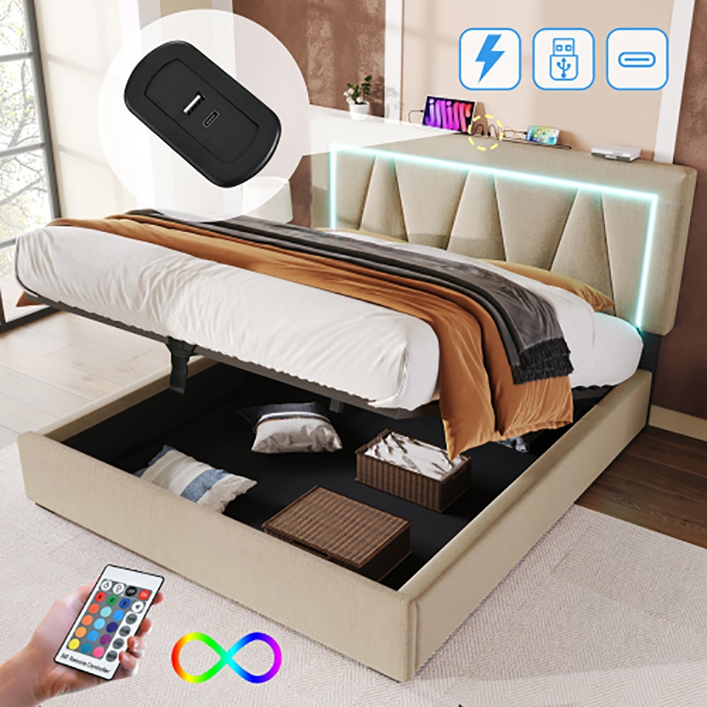 Lit adulte Lit coffre lit double LED avec fonction de chargement USB ...