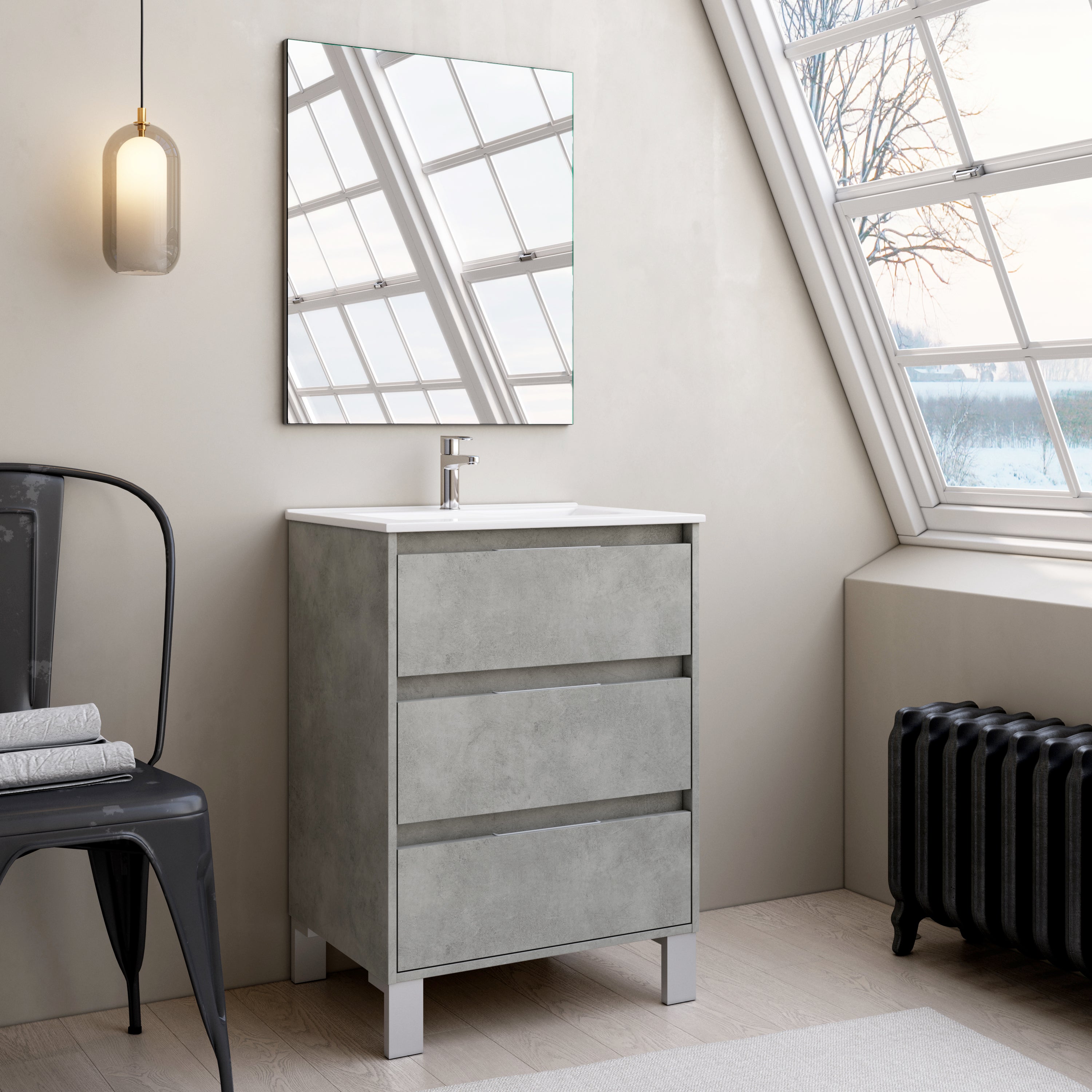 EGORE Meuble de salle de bain avec lavabo PISA 3 Tiroirs Ciment 60x45 ...