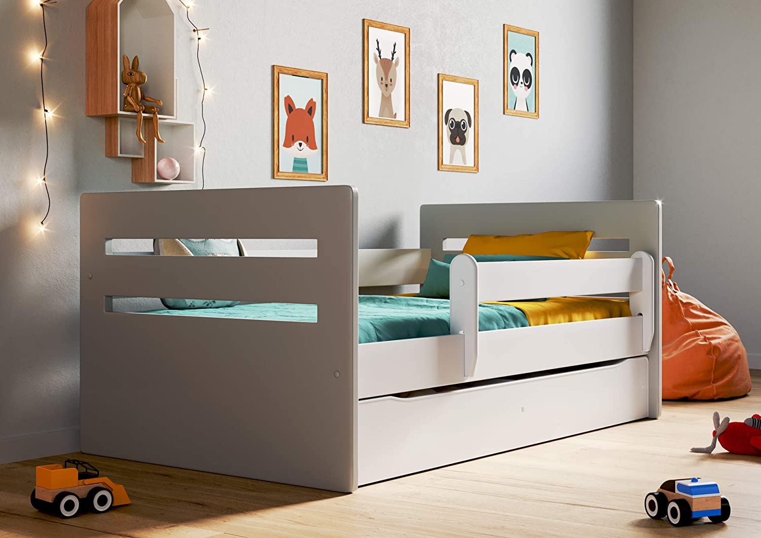 Lit enfant avec barrière de sécurité amovible blanc et gris Moly ...