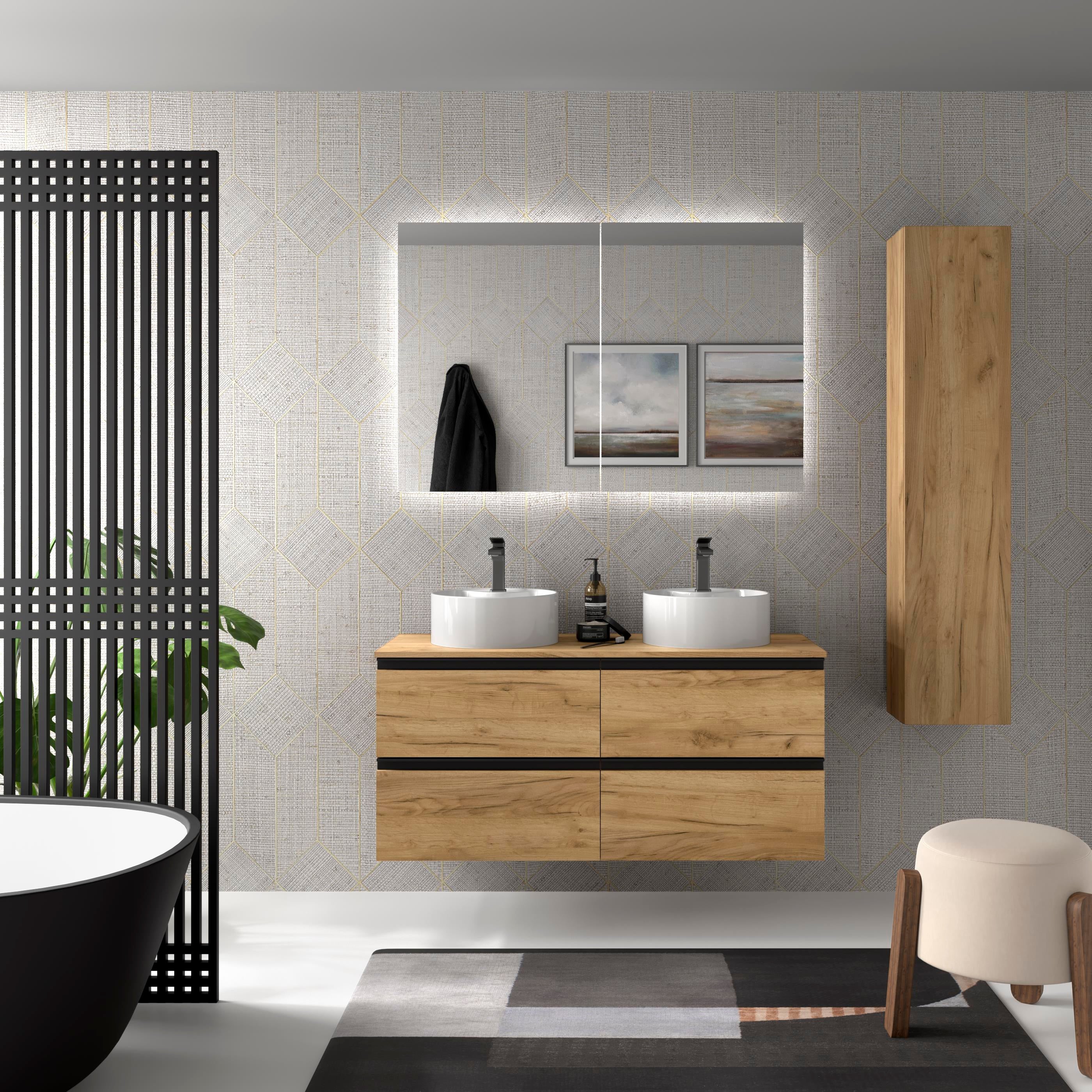 Meuble de salle de bain BEQUIA METAL 140cm Chêne | Vasque à poser ...