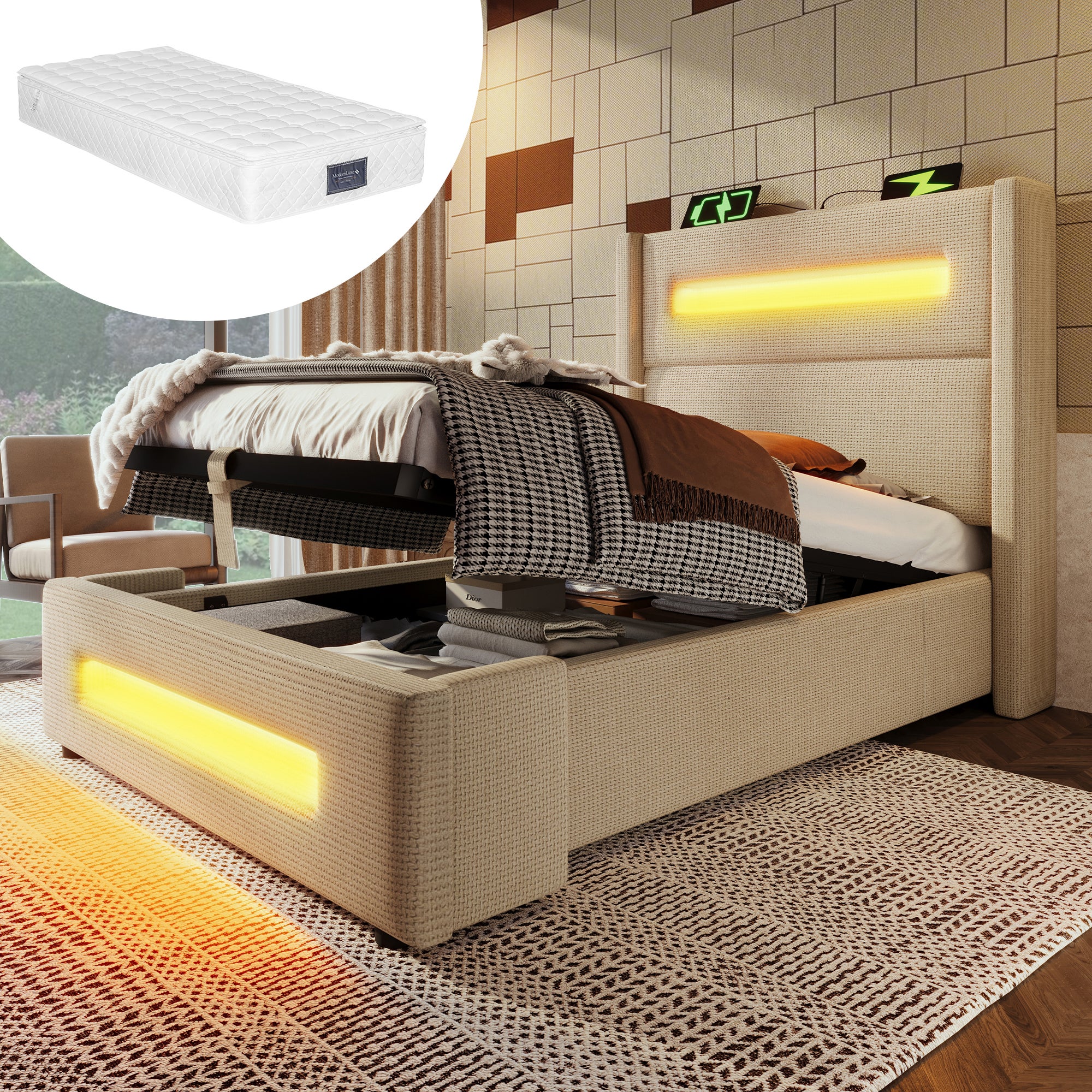 Cama individual 90×200 cm beige con LED, almacenamiento hidráulico, USB ...