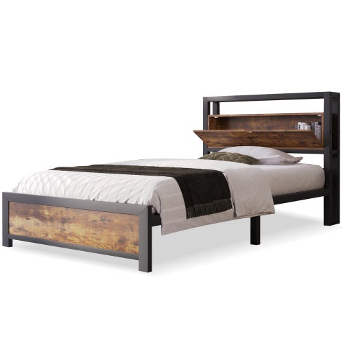 Cama metálica con cabecero de almacenamiento, somier de listones de ...