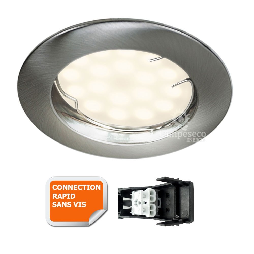 Spot Led Encastrable Complète Ronde Fixe Alu Brossé Eq 50w Blanc Chaud