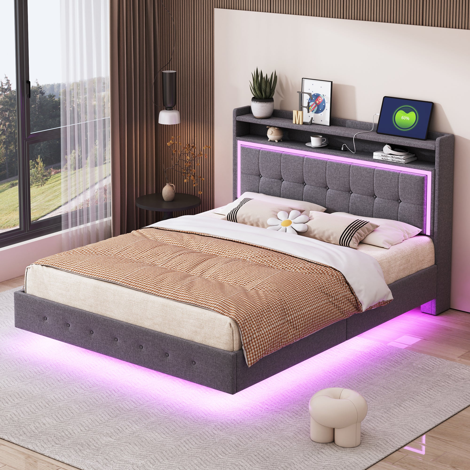 Cama doble tapizada de 140 x 200 cm, con puerto USB y luz LED, diseño ...