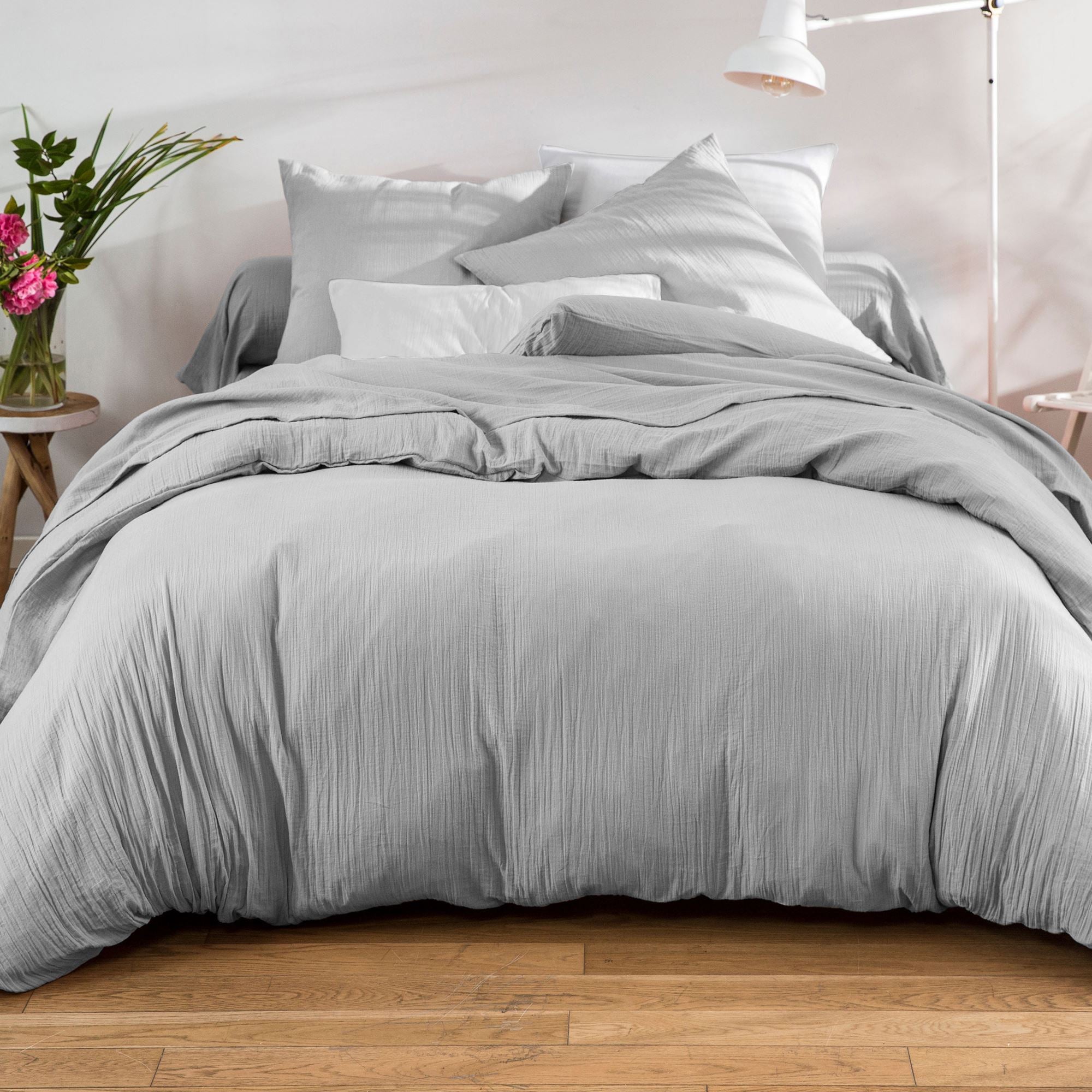 Housse de couette DOUBLE GAZE 260x240 gris nuage en coton | Leroy Merlin