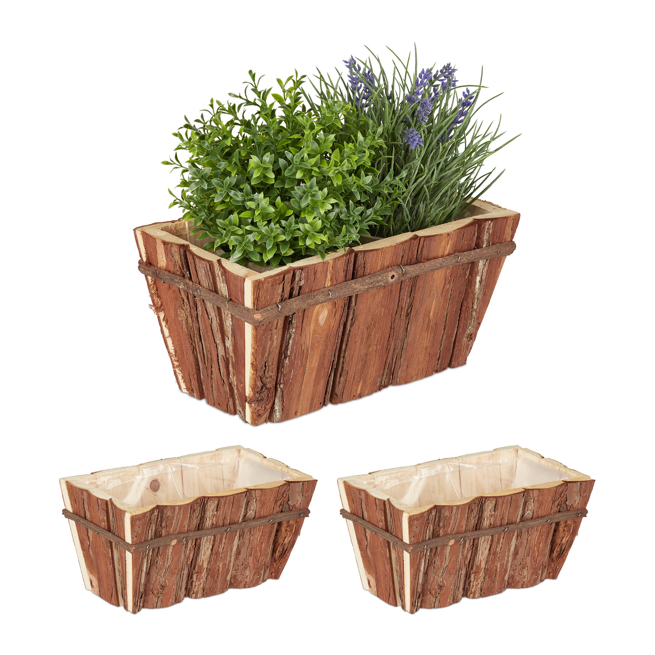 Relaxdays Jardinières, lot de 3, bac à fleurs en bois avec écorce ...