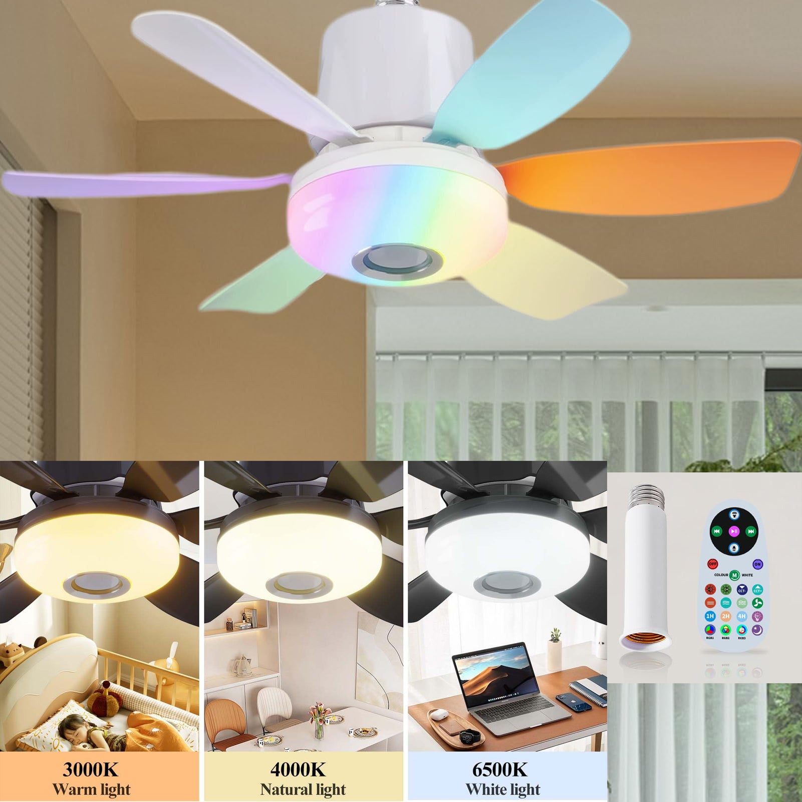 Ventilateur de plafond LED RGB avec télécommande et rallonge, 3 000 K-6 ...