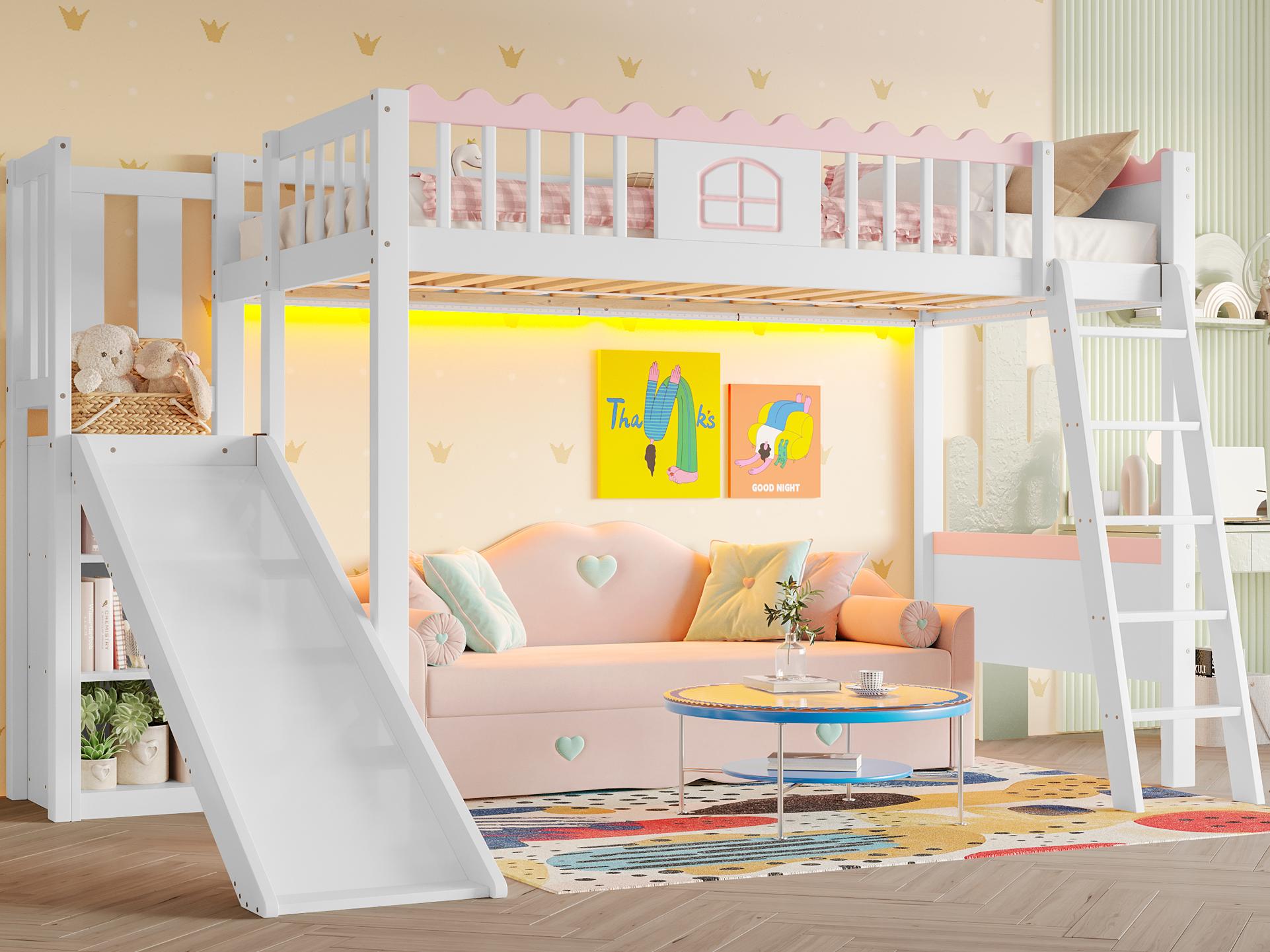 Lit mezzanine enfant 90x200 cm - avec éclairage LED - avec étagères ...