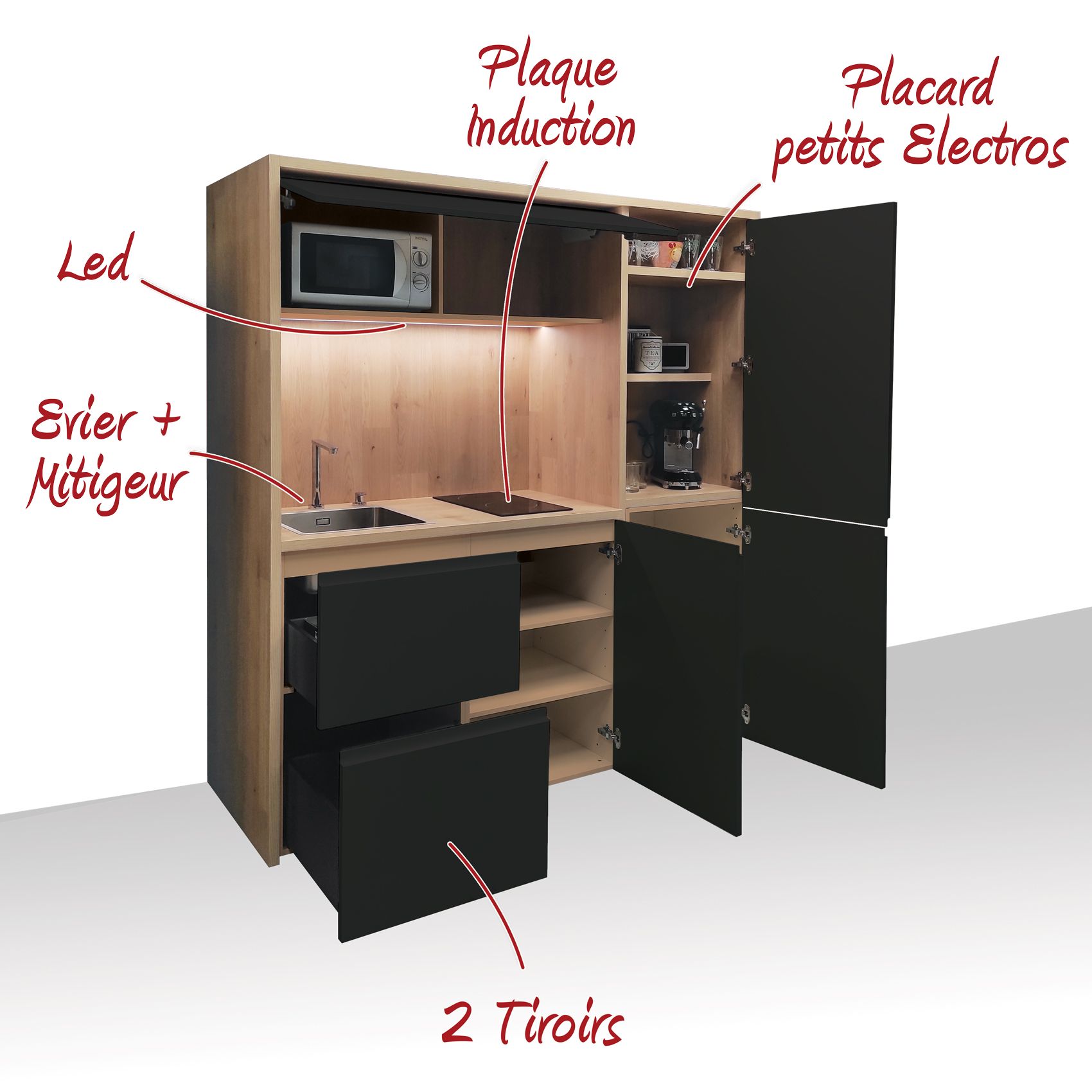 Kitchenette / Mini-Cuisine ARCHE 186cm Noire VALINO - INCLUS : Plaque ...